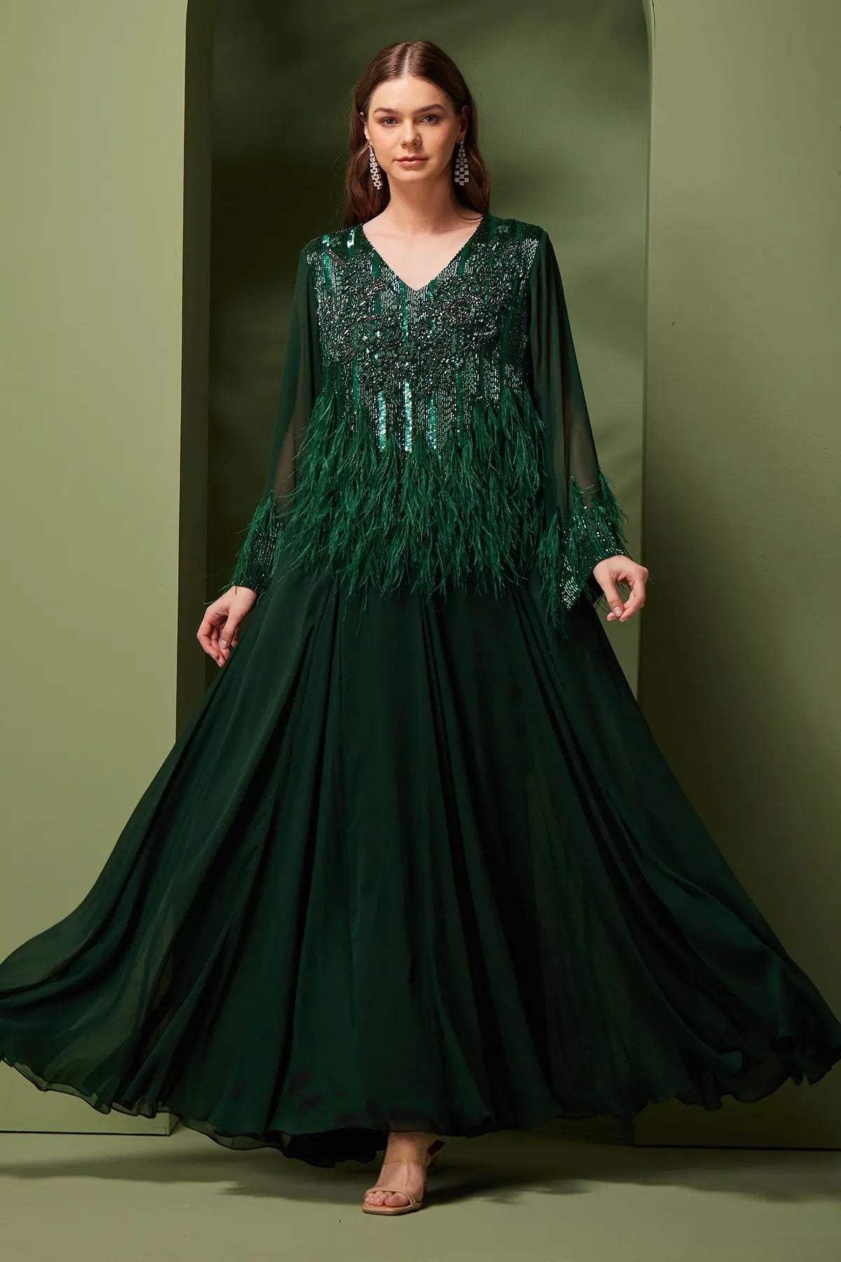 7654 EID KAFTAN - EMERALD GREEN - Shaira Fashions Women's dresses Riyadh